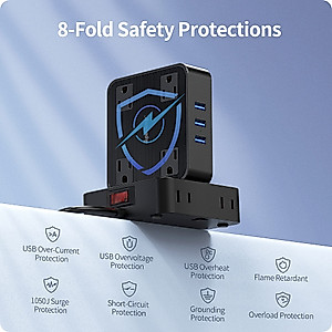 Power Strip Surge Protector 1050J, SUPERDANNY 8 Widely Spaced Outlets and 3 USB Ports, 5 Ft Heavy Duty Flat Plug Extension Cord, Wall Mount, Desk Charging Stationfor Home, Office, Dorm, Black