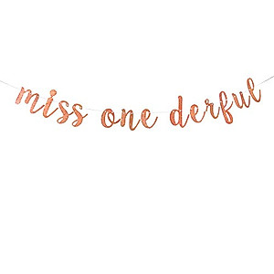 Rose Gold Glitter Miss Onederful Banner, Baby Girl's 1st Birthday Bunting Sign, Happy 1st Birthday Party Decoration Supplies for Sweet Girl