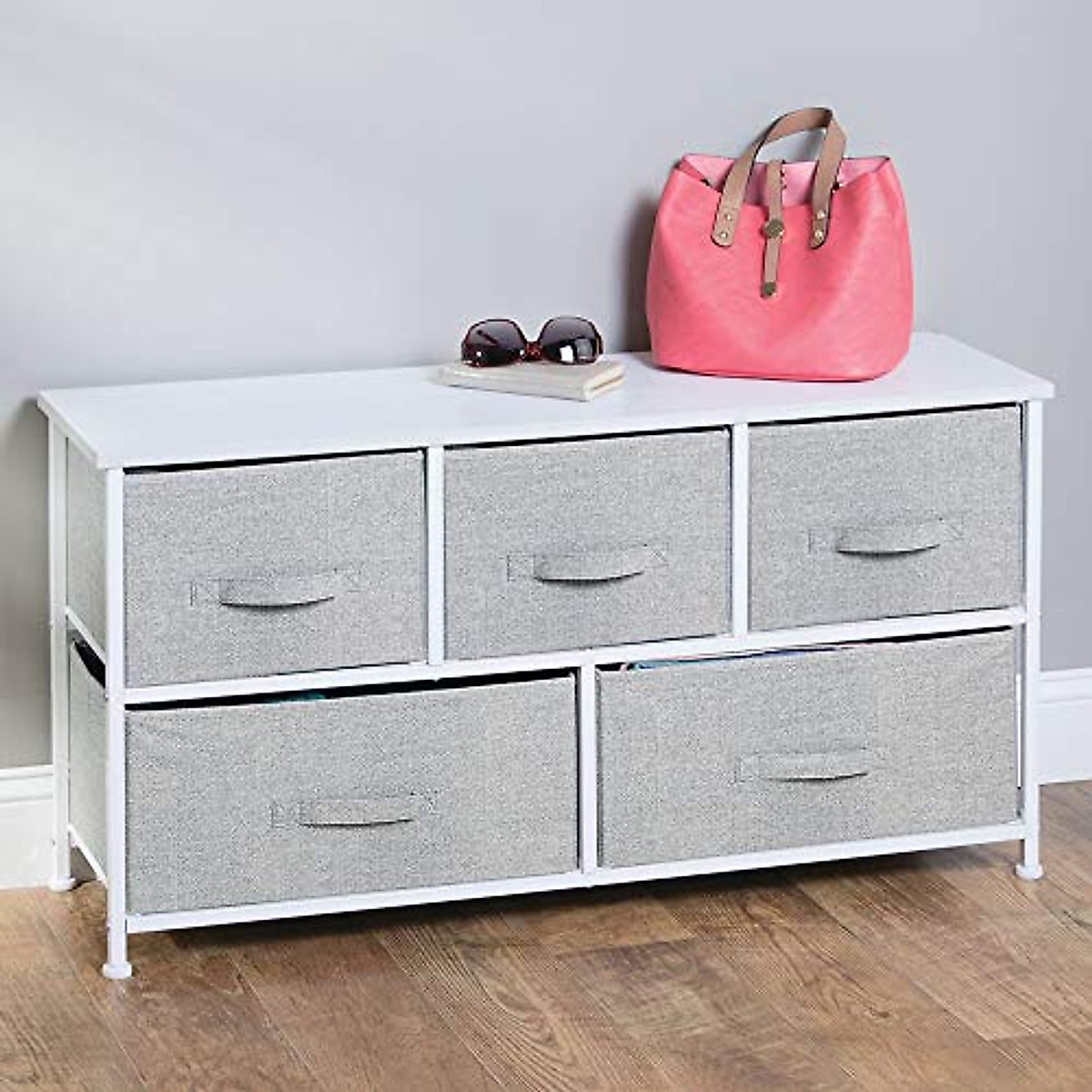 mDesign 21.65" High Steel Frame/Wood Top Storage Dresser Furniture Unit with 5 Removable Fabric Drawers - Wide Bureau Organizer for Bedroom, Living Room, Closet - Lido Collection, Gray