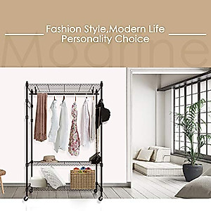 Modrine Clothing Rolling Rack, 3 Tiers Heavy Duty Garment Rack, with Lockable Wheels, 2 Side Hooks and 1 Clothes Rod (Black)