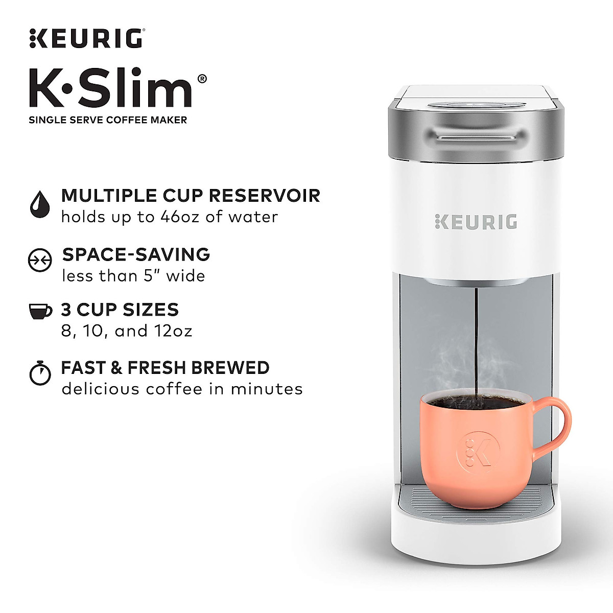 Keurig K-Slim Coffee Maker, Single Serve K-Cup Pod Coffee Brewer, 8 to 12oz. Brew Sizes,White (Renewed)