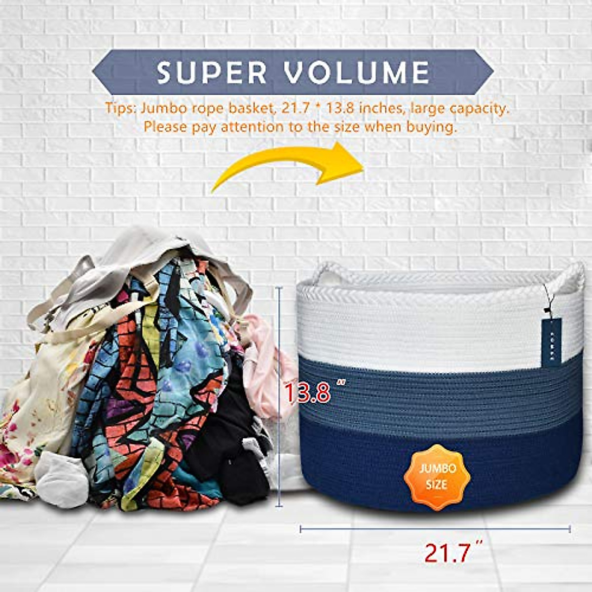 COMSE Extra Large Blanket Basket, Storage Basket, Laundry Basket, 21.7”x 13.8”, Laundry Hamper, Cotton Rope Basket, Blanket Basket Living Room, Toy Basket (White & Cadet Blue & Navy Blue)