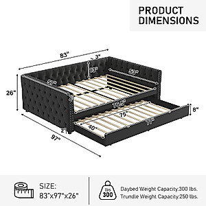 KINFFICT Velvet Full Daybed with Twin Trundle, Modern Upholstered Full Size Day Bed Button-Tufted Sofa Daybed Frame with A Roll-Out Trundle (Black)