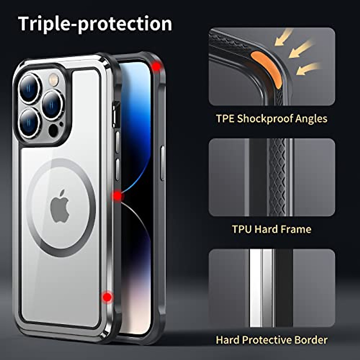 Auleegei Stainless-Frame Metal Magsafe Designed for iPhone 14 Pro case Clear [20 FT Military Drop Protection] Protective Shockproof Bumper with Airbag Case [Non-Yellowing] Cover 6.1 Inch-Silver