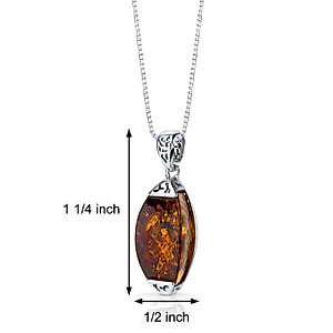 PEORA Genuine Baltic Amber Gallery Drop Pendant Necklace for Women 925 Sterling Silver, Rich Cognac Color, with 18 inch Chain