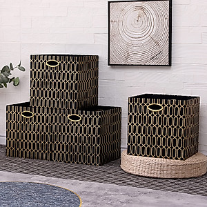 Fboxac Cube Storage Bins 13×13 Polyester Foldable Box with Handles, Black Gold Collapsible Organization Basket Set of 4 Large Capacity Drawer for IKEA Closet Shelf Halloween Cabinet Bookcase