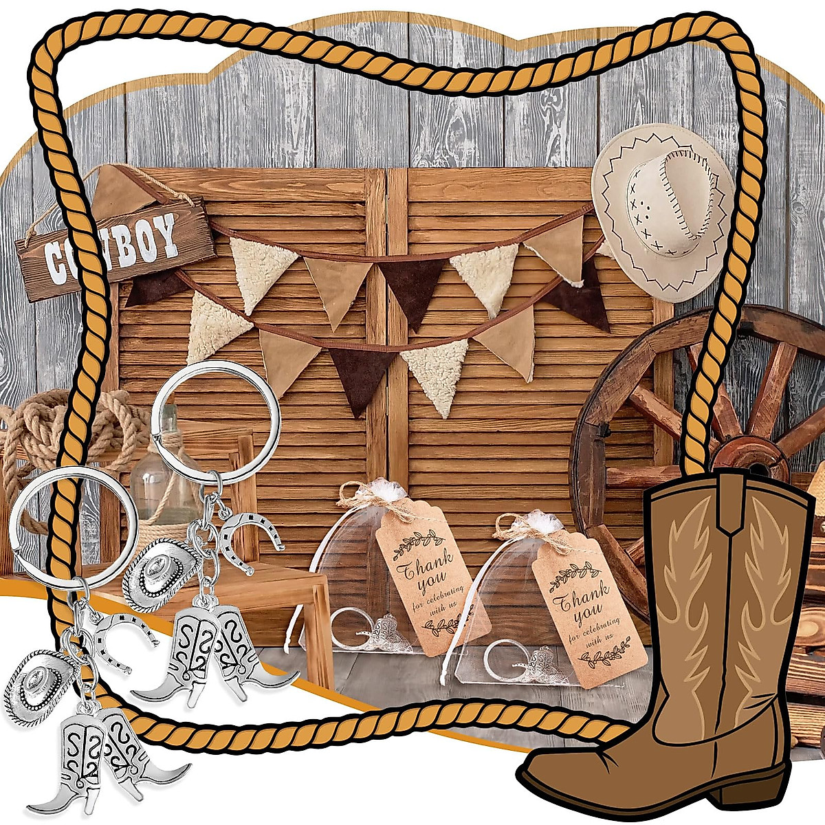 151 Pcs Cowboy Western Party Favors Cowboy Keychain Western Keychain Cowboy Hat Boot Horse Shoe Keyring with Organza Bags Thank You Tags and Rope for Guests Engagement Western Party Favor Supplies