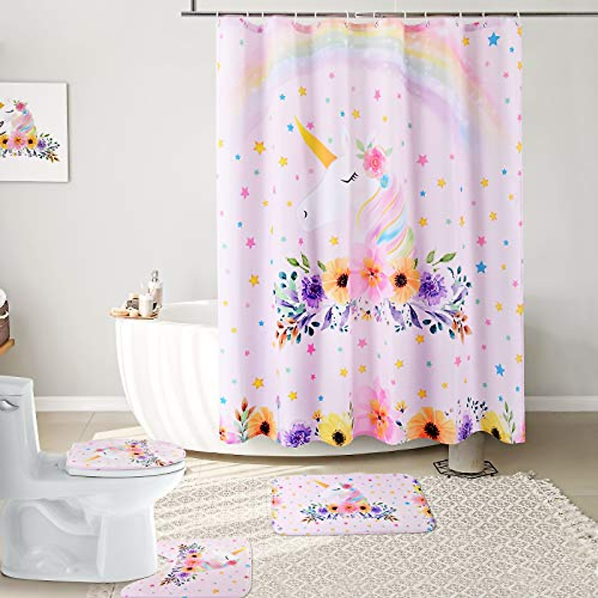 Rainbow Unicorn Bathroom Sets with Shower Curtain Rugs Mats Non Slip Waterproof Bathroom Decorations Accessory Sets 4 PCS with Rugs Toilet Lid Cover Bath Mat for Kids Girls