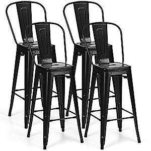 COSTWAY Metal Bar stools Set of 4, with Removable Back, 30'' Bar Height Stools with Rubber Feet, Stylish and Modern Chairs, for Kitchen, Dining Rooms, and Side Bar (Black-Update, 30'')
