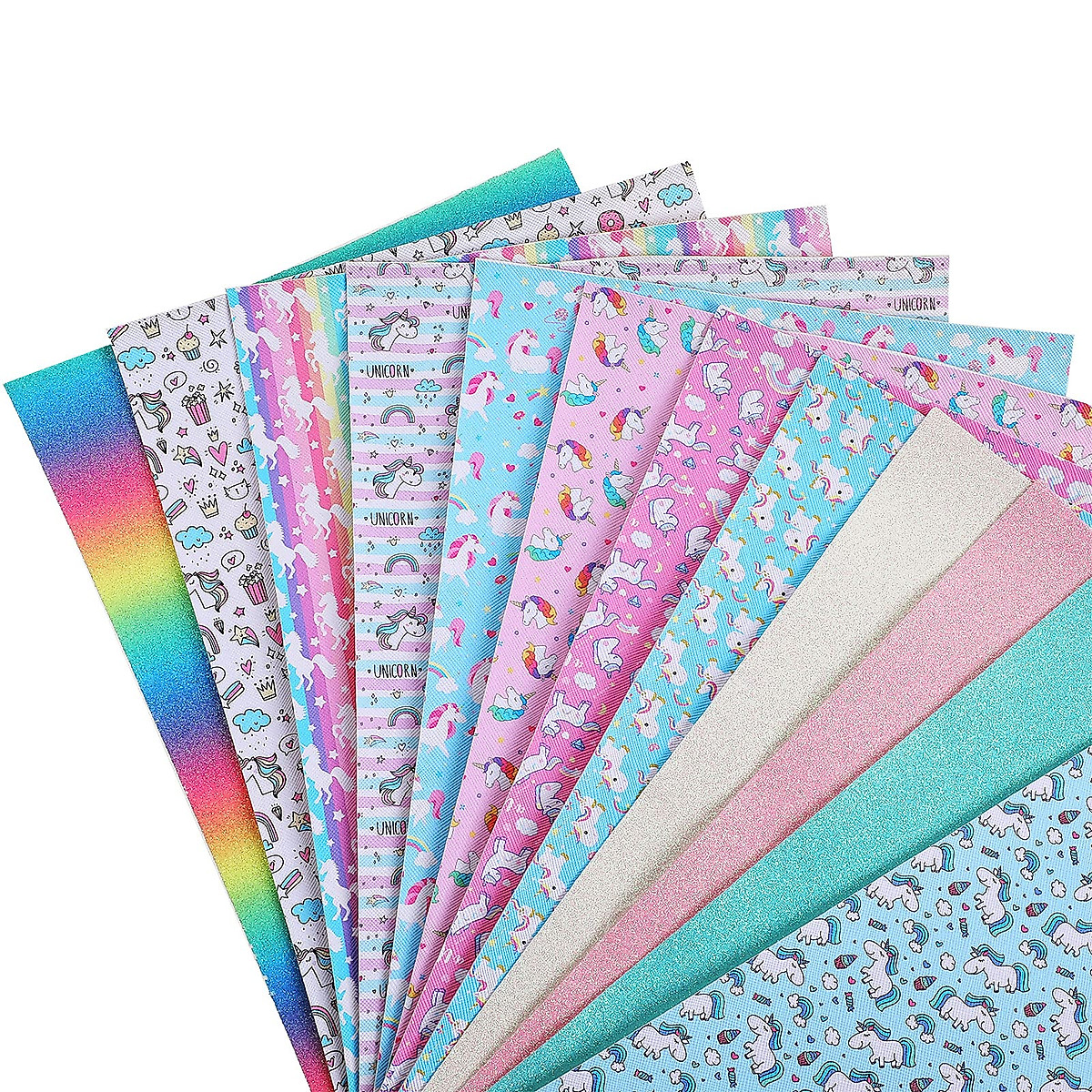 12 Pieces 7.87 x 11.81 Inches Unicorn Printed Faux Leather Sheet Mixed Rainbow Glitter Leather Fabric Sheets Assorted for Girl Kids Earrings Making Hair Bows Decoration DIY Craft Making
