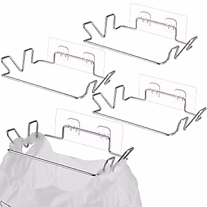 Tandefio 4 Pcs Trash Bag Holder for Kitchen Cabinet Door and Cupboards Stainless Steel Under Sink Bag Holder with Wall Sticker Base Portable Garbage Bag Holder for Plastic Bag Bathroom Camper Picnics