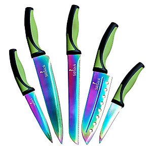 SiliSlick Kitchen Knife Set Titanium Coated Blades and Portable Sharpener
