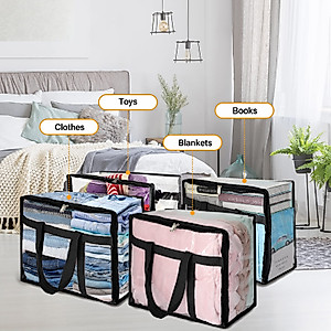 Fixwal 4 Pack Clear Clothes Storage Bags Organizer, 60L Moving Storage Totes with Sturdy Zipper, Bedding Storage Containers with Reinforced Handles for Blankets Comforter Space Saver(Black)