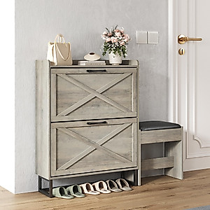 Maupvit Shoe Storage Cabinet with 2 Flip Drawers and Removable Shoe Bench, Farmhouse Shoe Organizer with Metal Legs, Narrow Slim Shoe Rack Cabinet for Entryway,Grey