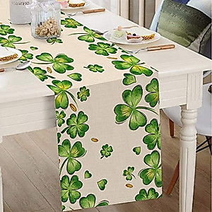 Seliem St. Patrick's Day Shamrock Clover Bushes Table Runner, Gold Coins Green Heart Kitchen Dining Table Decor, Irish Spring Burlap Home Decoration Indoor Outdoor Holiday Party Supply 13 x 72 Inches