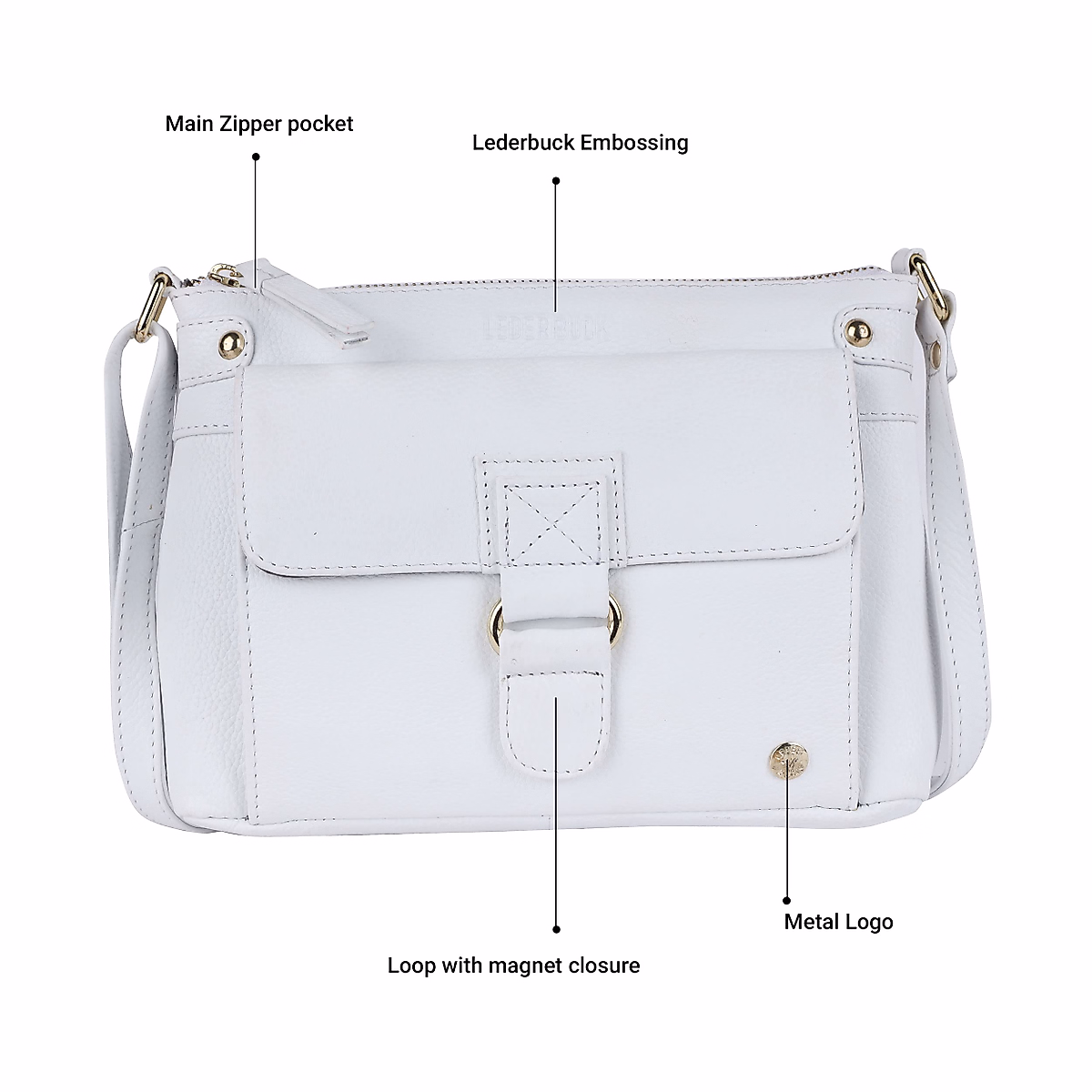 LEDERBUCK Lucy Small Soft Leather Sling Crossbody Handbags- Double Zip Premium Sling Crossover Shoulder Bag for Women (White)