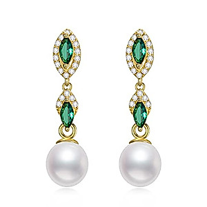 BETHZA Pearl Dangle Earrings for Women 925 Sterling Silver Long Dangle Natural Earrings Gold Plated Stud Earrings with Green Cubic Zirconia Pearl Jewelry for Wife Girlfriend