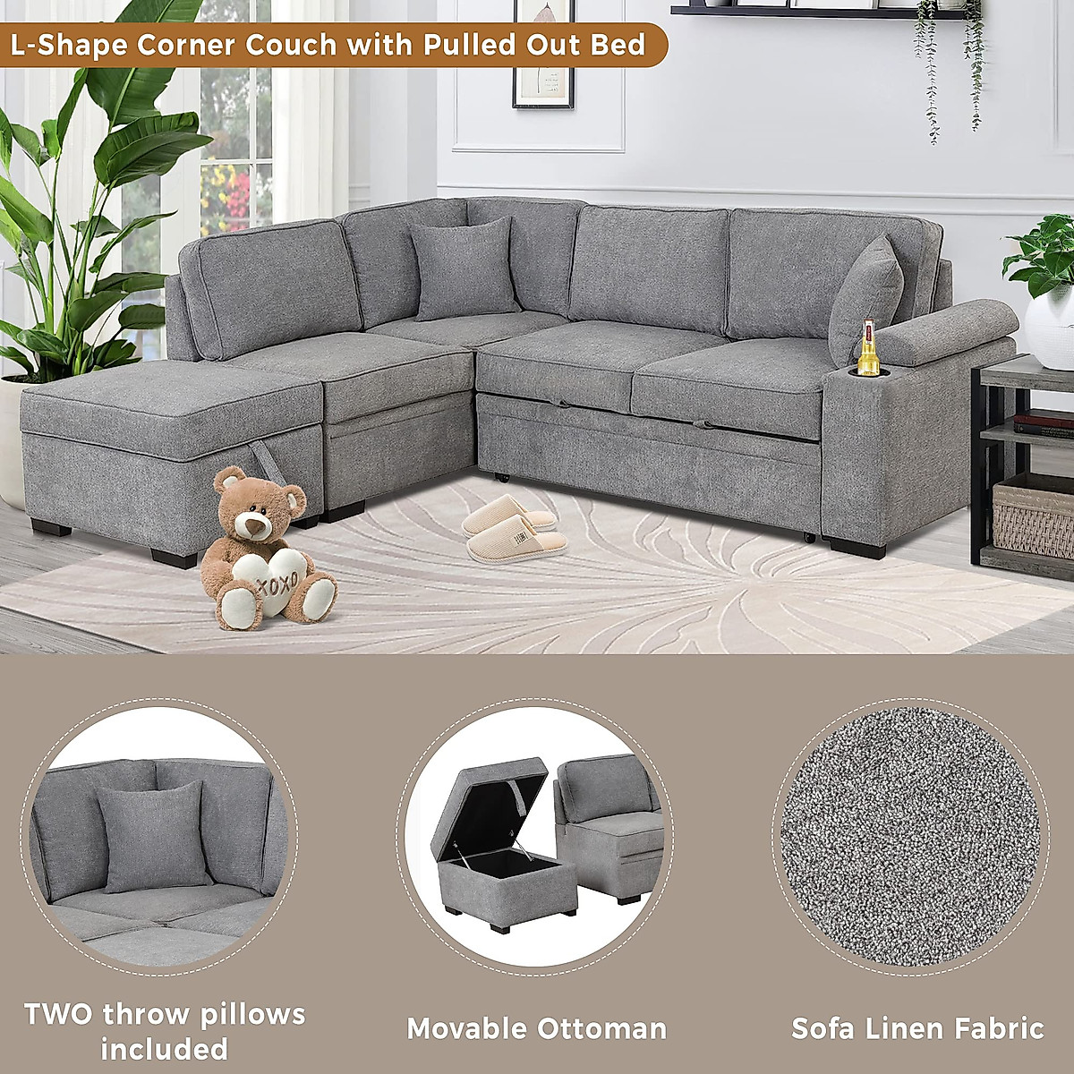 Merax Sleeper Sofa Bed L Shaped Sectional Couch with Storage Ottoman and Chaise for Living Room, Small Apartment Love Seats, Gray_Linen