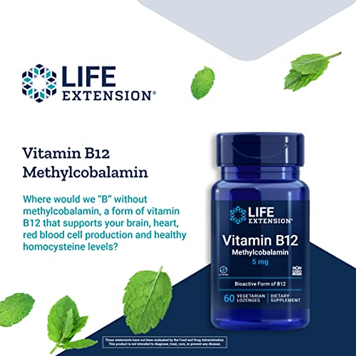 Life Extension Vitamin B12 Methylcobalamin 5 mg – Dissolvable Vitamin B Supplement for Nerve, Brain Health and Energy – Gluten-Free, Non-GMO, Vegetarian – 60 Lozenges
