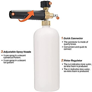 Adjustable Foam Cannon 1 Liter Bottle Snow Foam Lance with 1/4" Quick Connector Foam Blaster for Pressure Washer Gun,Heavy Duty Brass Knob