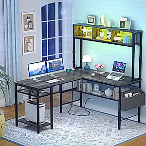 Unikito L Shaped Computer Desk with LED Strip and Power Outlets, Reversible L-Shaped Corner Desk with Storage Shelves and Bag, Industrial Home Office Desk Gaming Table with USB Port, Black Oak