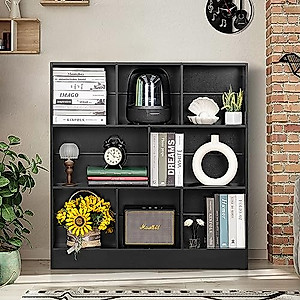 YAHARBO Black Wide Bookshelf,3 Tier Modern Horizontal Bookcase,Wood Low Bookshelves Display Storage Cabinet with Base,Floor Standing 8 Cube Large Bookcases Organizer for Bedroom,Living Room,Office
