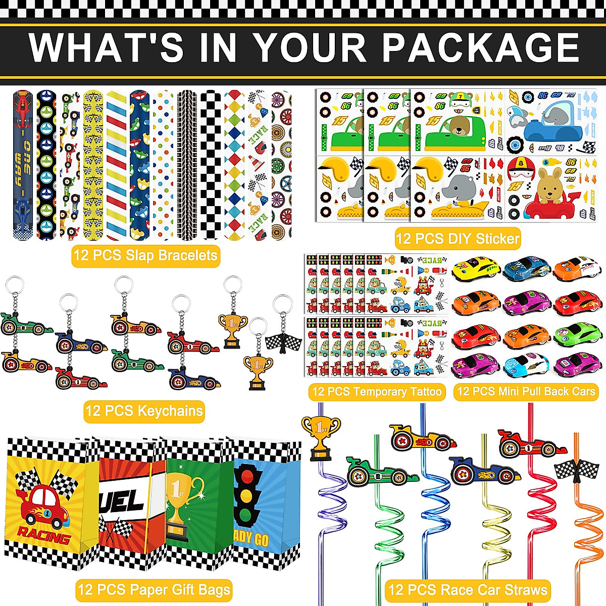 Erweicet Race Car Party Favors 84 PCS Mini Race Cars Keychains Slap Bracelet Stickers Straws Goody Treat Candy Bags for Kids Birthday Party Classroom Reward