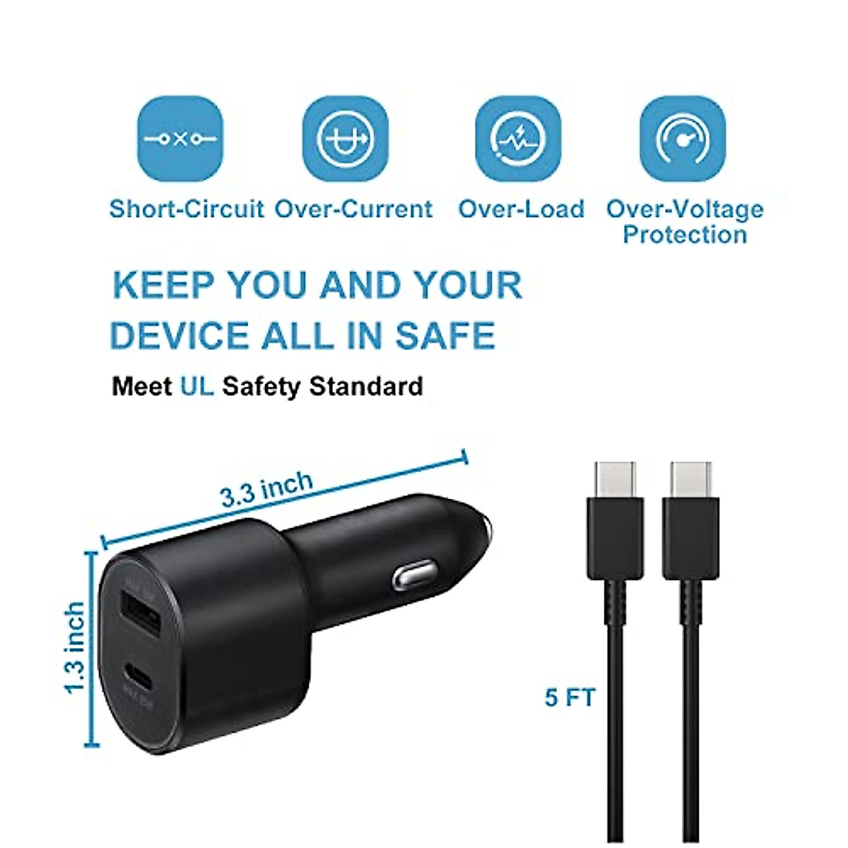 Samsung 25W USB C Car Charger, PD&QC3.0 Dual Port Compatible Car Charger with 5ft Type C Cable for Samsung Galaxy S23/S23 Ultra/S23 Plus/S22/S22 Ultra/S22+/S21/S21+/S21 Ultra/S20/S20+/Note 20/Note 10