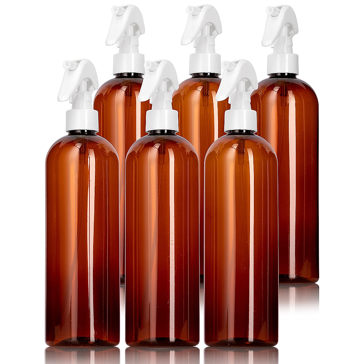 JUVITUS 16 oz / 500 ml Amber Slim PET Plastic Bottles (BPA Free) with White Trigger Spray Top (6 Pack)