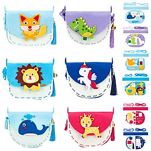 FREEBLOSS 6 Set Sew Your Own Purses Felt DIY Animal Theme Handmade Handbags Nonwoven Craft Sewing Play Gift with Safety Needle Felt Craft Kits for Children