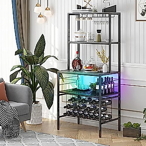 ijuicy Wine Bar Cabinet with LED Lights, Wine Rack Freestanding Floor, 4 Tier Home Bar Cabinet with Wine Storage & Glasses Holder, Wine Cabinet for Home Bar, Kitchen, Black