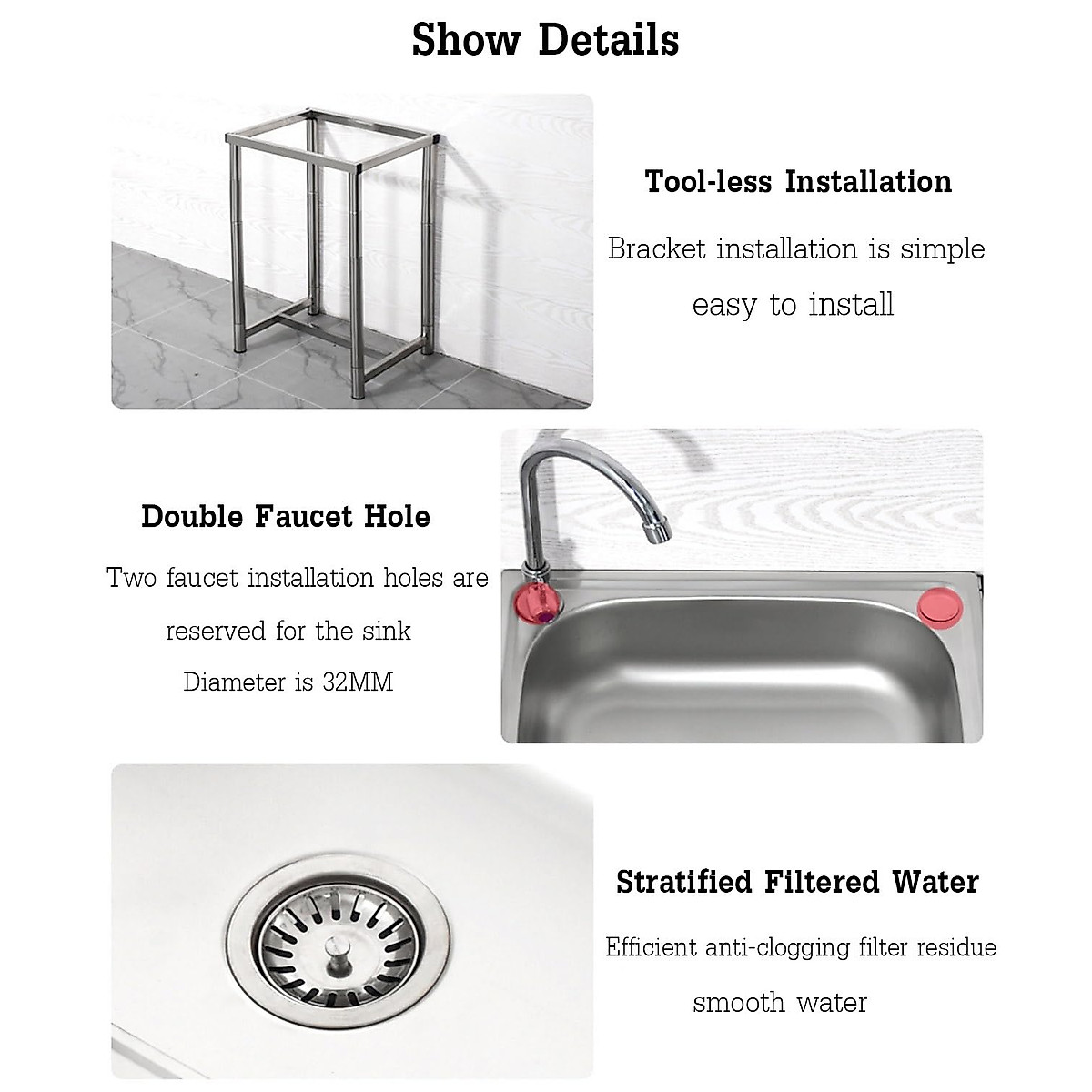 Stainless Steel Outdoor Sink, Single Bowl Utility Sink, Camping Sink, Laundry Sink, Free Standing Commercial Restaurant Sink Set, Easy to Clean (Size : 38x33x45cm/15x13x17.7in)