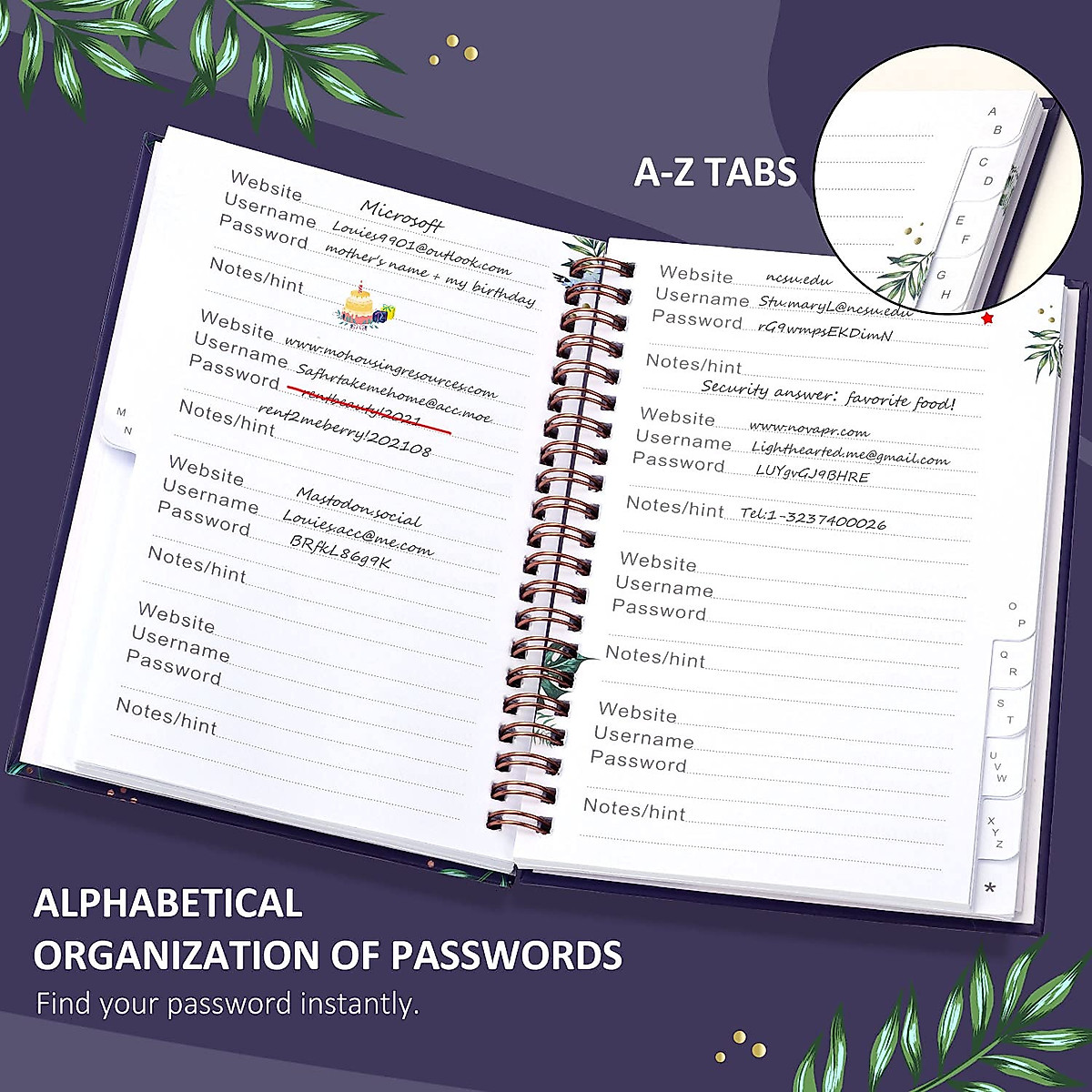 JUBTIC Password Book with Alphabetical Tabs Spiral Bound - 5.2" x 7.6" Hardcover Password Keeper Logbook for Seniors Password Notebook- Organize Internet Website Address Login - Deluxe Blue