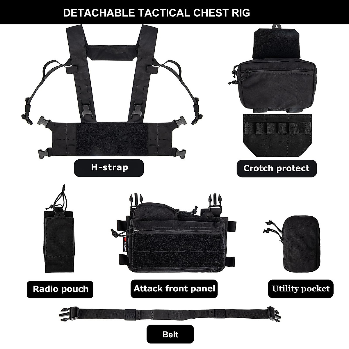 YAKEDA Tactical Chest Mini Rig Vest with Magazine Pouch Adjustable Detachable Laser-cutting Molle Modular Chest Vest (Black)