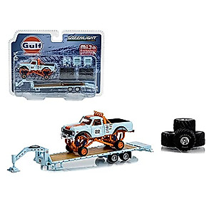 1:64 Scale Diecast Model Collectibles for 1972 Chevrolet K-10 Monster Truck with Gooseneck Trailer & Tires Gulf Racing by Greenlight 51432
