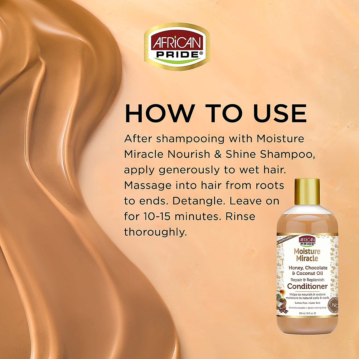 African Pride Moisture Miracle Honey, Chocolate & Coconut Oil Conditioner - Helps Repair & Replenish Moisture to Natural Coils & Curls, Nourishes & Restores, Sulfate Free, Color Safe, 12 oz