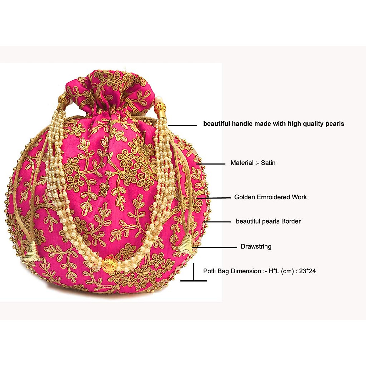 EKAVYA Potli Bag Woman Rani color Pouch/Coin/Jewellery Purse for Women & Girls Heavy Potli Bag for wedding and party H*L -9 * 9.5 Inch