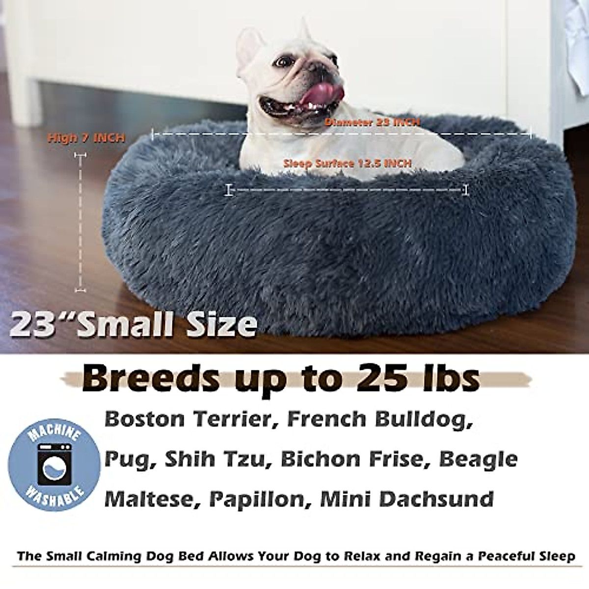 Puppy Bed for Calming Dog 23 Inches Dark Gray Anti-Anxiety Donut Dog Bed for Small Medium Dogs Washable Fuzzy Dog Bed Fits up to 15 lbs Pets Beds for Small Dog