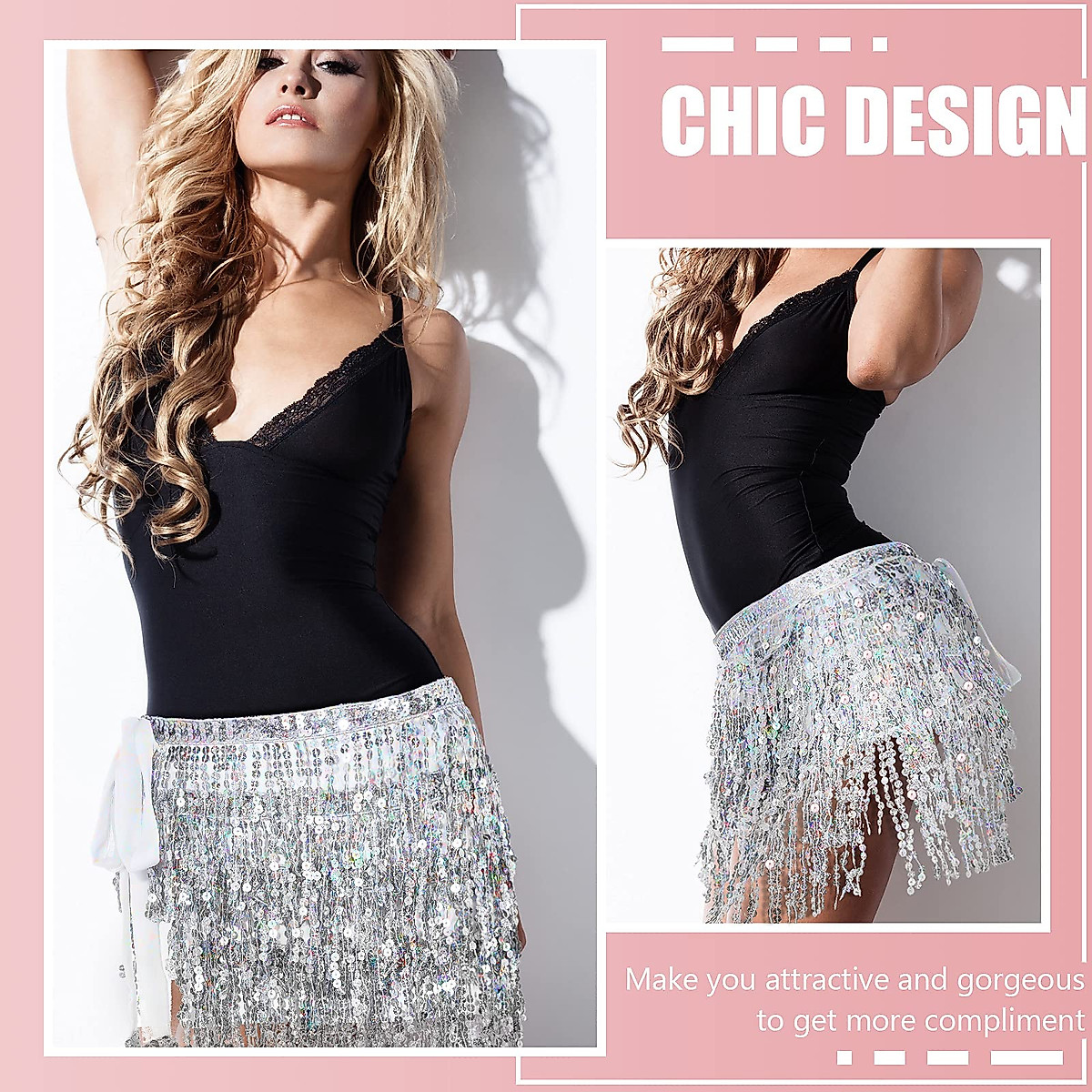 Sequin Fringe Skirts Belly Dance Skirt Festival Tassel Skirt Hip Scarf Wrap Outfit Costumes for Women and Girls (Silver, Gold)