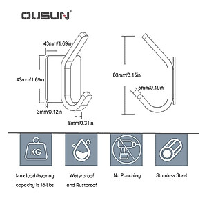 ousun Self Adhesive Wall Hooks Heavy Duty, Brushed Stainless Steel Towel Hook Coat Hook (4-Pack Hooks)