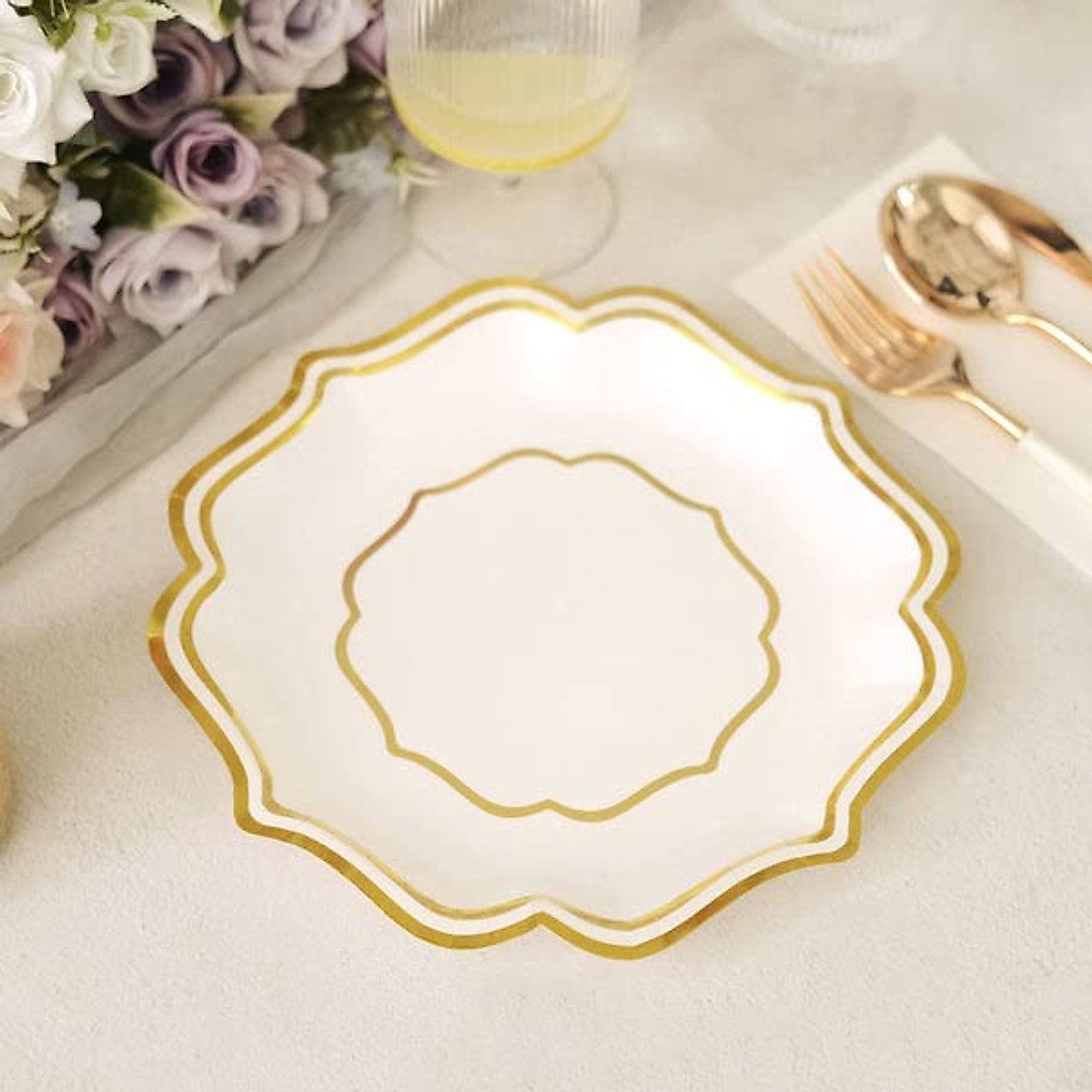 Tableclothsfactory 25 Pack | White/Gold 8" Scallop Rim Dessert Party Paper Plates, Disposable Appetizer Salad Plates - 300 GSM