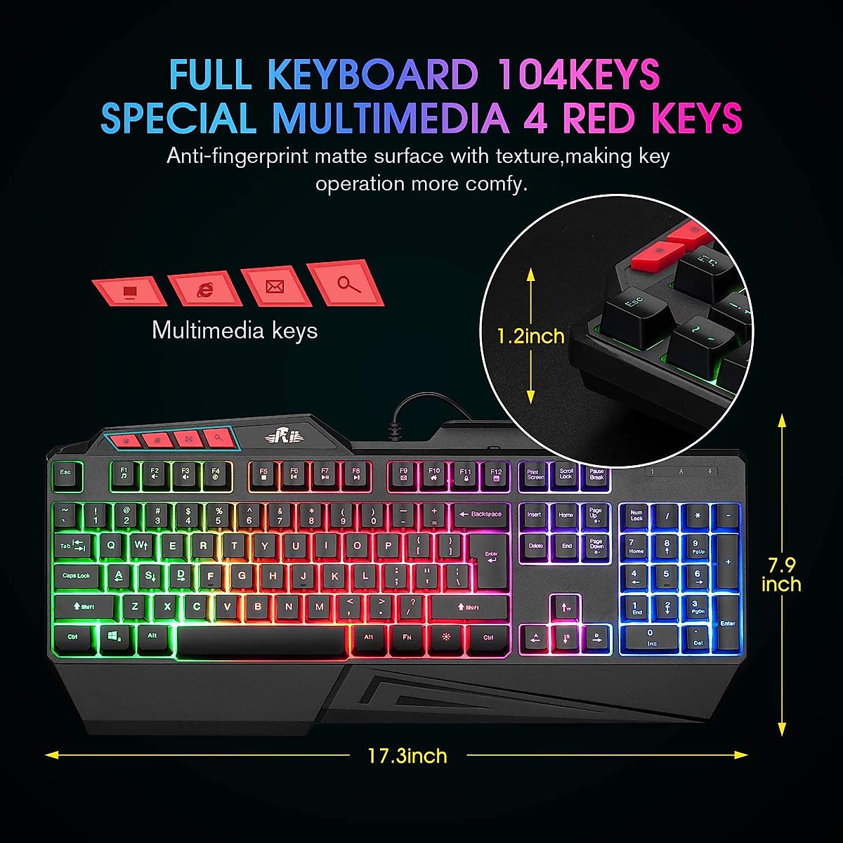 Rii RK202 RGB Gaming Keyboard Multiple Color Rainbow LED Backlit USB Wired Gaming Keyboard,104 Keys Silent Keyboard with Wrist Rest for Windows & Mac PC Gamers (Black)
