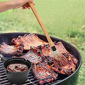Nuogo 6 Pieces Iron Basting Pot and Brush for Grilling Barbecue Accessories 18 Inches Grill Wooden Long Handle BBQ Mop Sauce with Extra Replacement Heads Saucepan