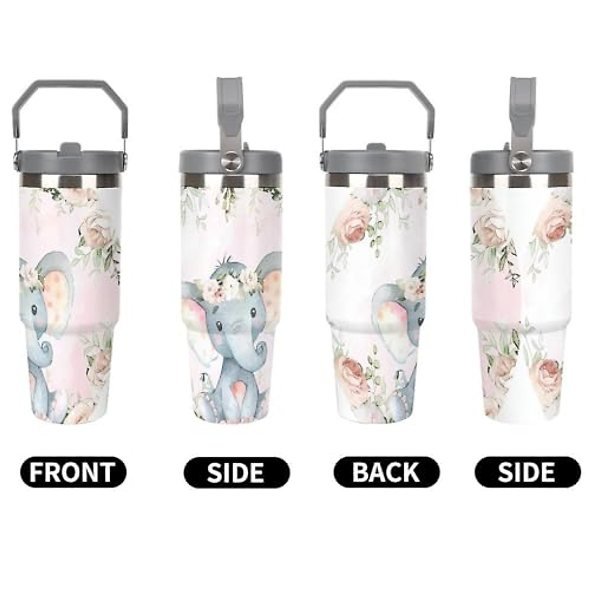 RTFGHJS Cute Elephant_80395810 30 Oz Tumbler with Handle And Flip Straw, Stainless Steel Vacuum Insulated Travel Mug, Thermal Cup for Coffee, Water, Iced Drinks, Fits Car Cup Holders (Home, Sports)