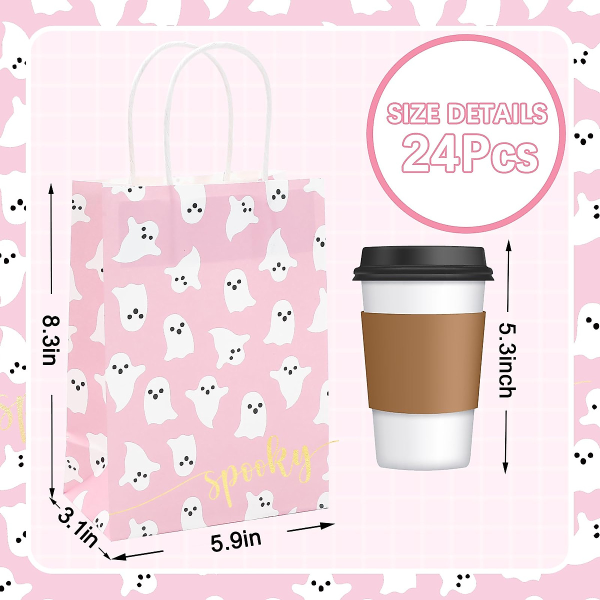 JarThenaAMCS 24Pcs Halloween Paper Gift Bags with Handles Pink Ghost Party Favor Bags Candy Goodie Treat Bags for Halloween Birthday Party Supplies