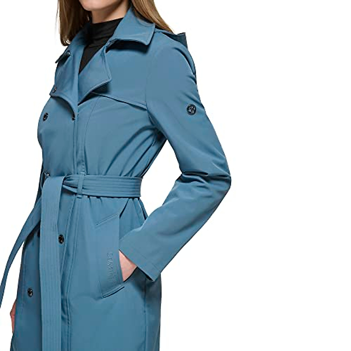 Calvin Klein Women's Double Breasted Belted Rain Jacket With Removable Hood, Oasis Teal, X-Large