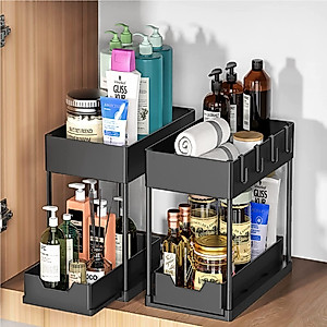 2 Pack Double Sliding Cabinet Basket Organizer Drawers 2 Tier Under Sink Organizers and Storage Bathroom Cabinet Organizer with Hooks Under Kitchen Sink Organizer for Easy Access