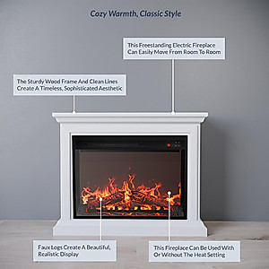 BELLEZE 31 Inch Mantel with 23 Inch 1400W Electric Fireplace Compact Freestanding Portable Stove Remote Controlled Heater with Realistic LED Flames, for Living Room or Bedroom - White