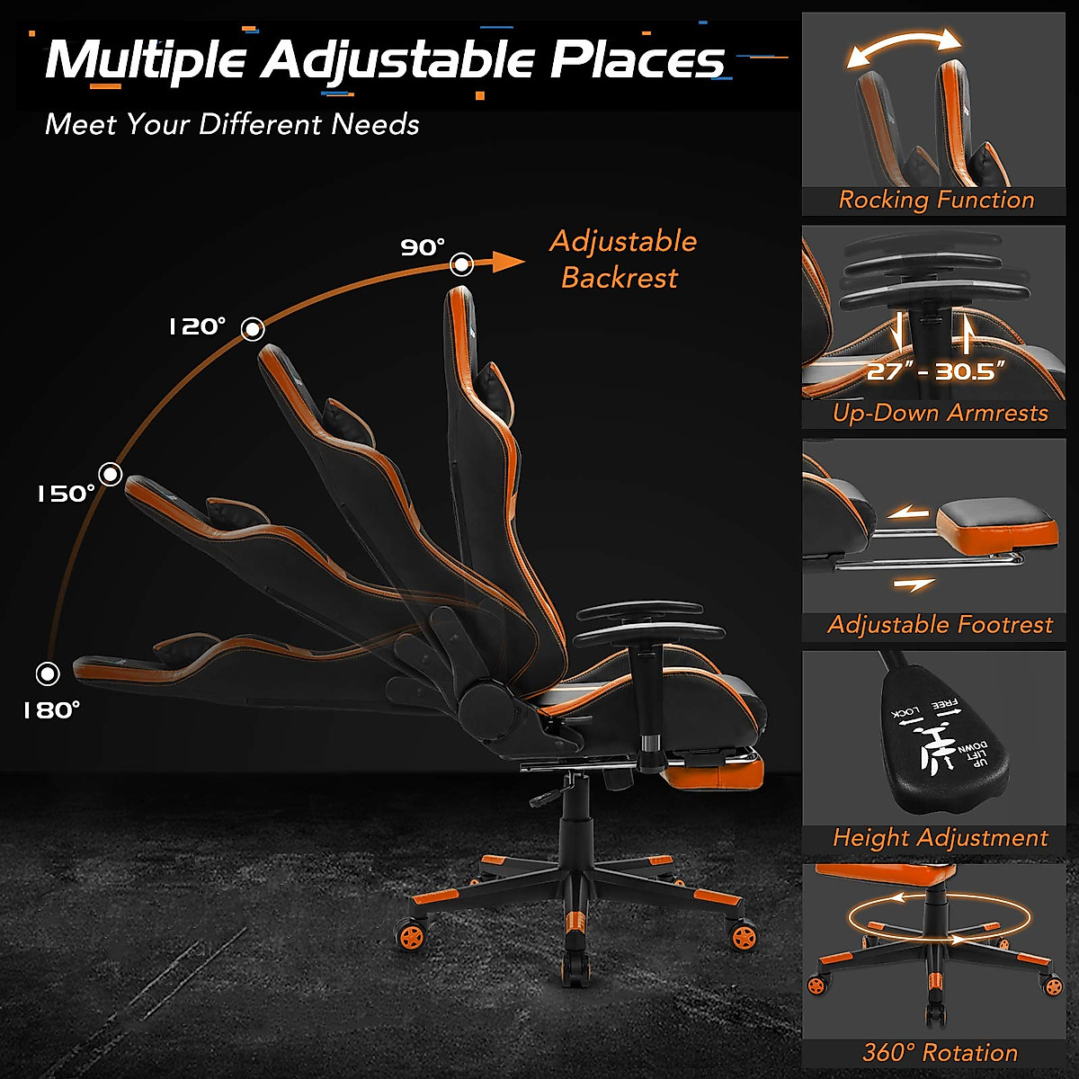 Goplus Gaming Chair, Massage Office Chair Computer Gaming Racing Chair, High Back PU Leather Adjustable Ergonomic Reclining PC Game Chair, Rolling Swivel Executive Chair with Footrest (Blue)