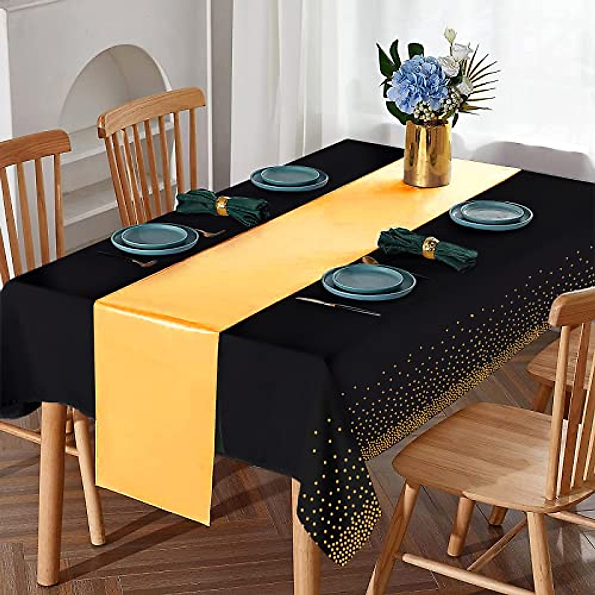 16Pack Disposable Plastic Tablecloths and Satin Table Runner Set Black Gold Dot Table Cloth Gold for Graduation Wedding Birthday Baby Shower Anniversary Holiday Party Decorations